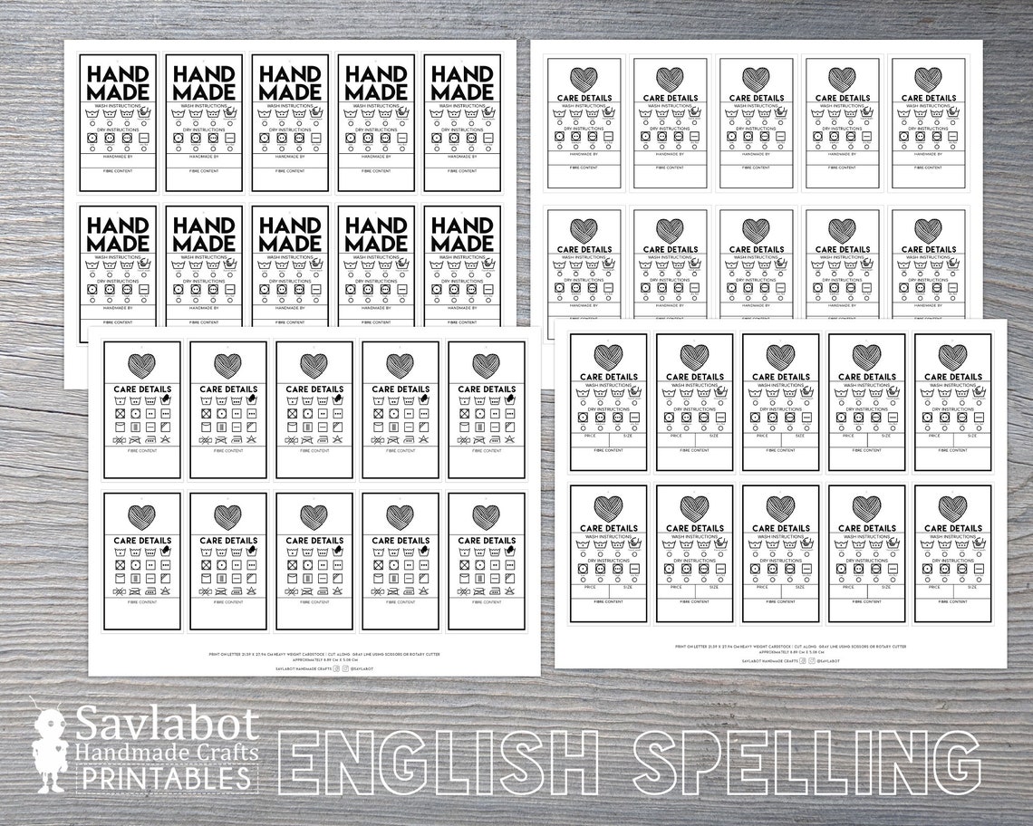 ENGLISH Spelling Care Labels for Handmade Items Printable - Etsy