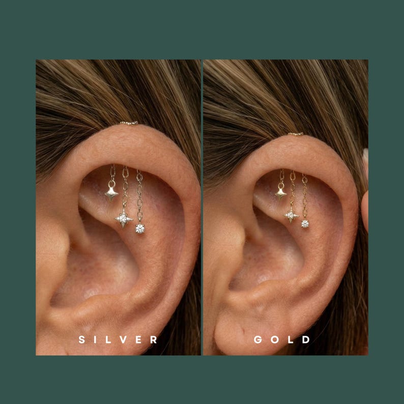Gold Vertical Helix Chain Piercing Flat Back Star Cartilage Stud 16G ...