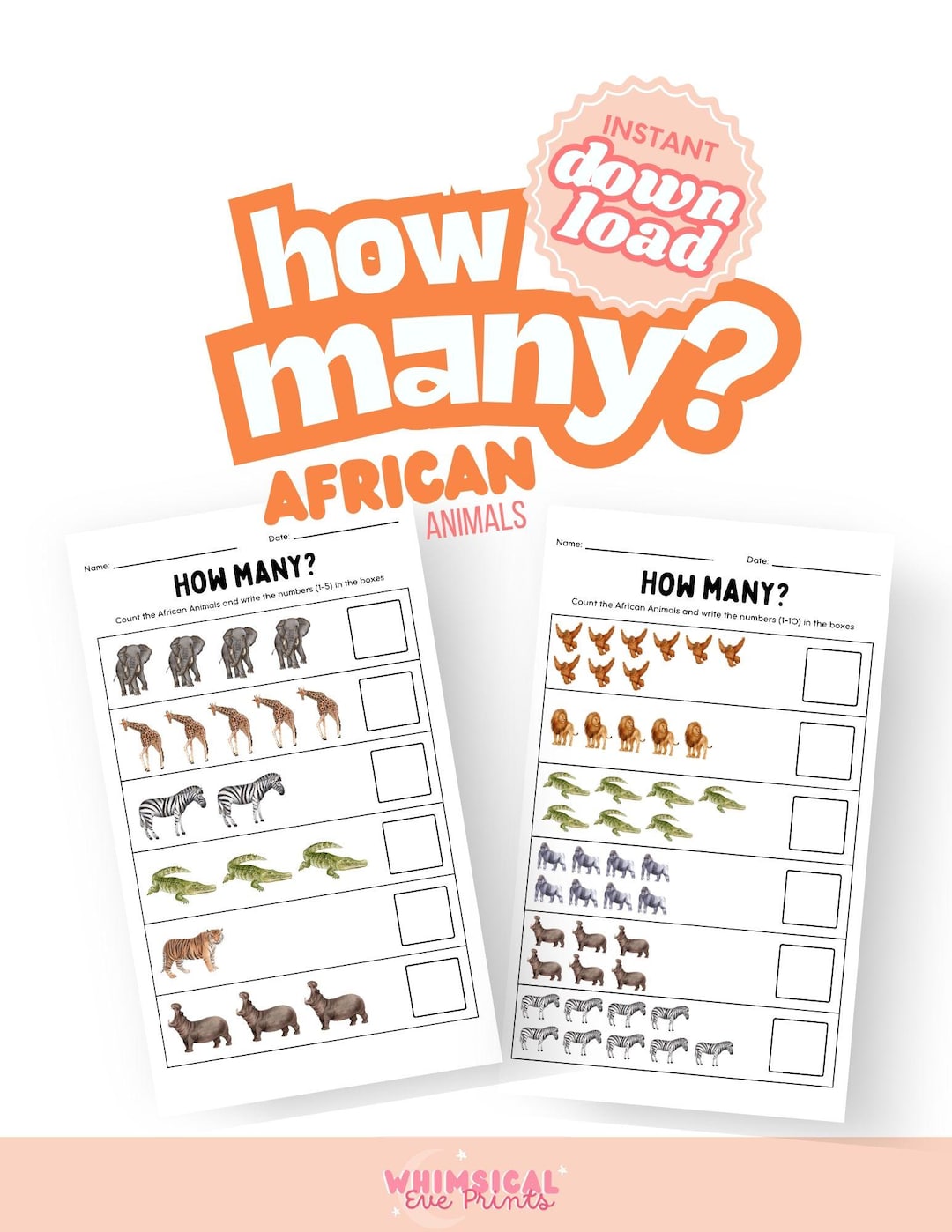 Count How Many African Animals Worksheets, Pre-k to 1st Grade, Easy ...