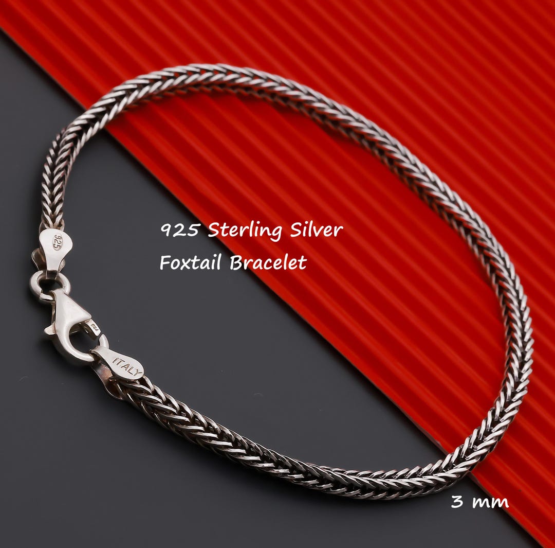 925 Sterling Silver Foxtail Bracelet Men, Wheat Bali Oxidized Long ...