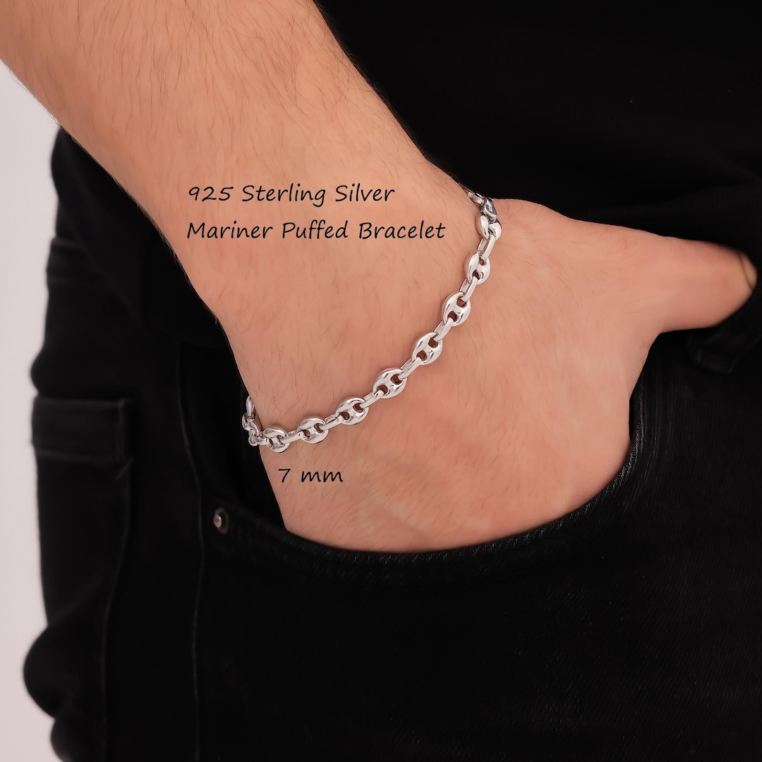 925 Sterling Silver Mariner Puffed Bracelet Women, Anchor Long Hollow ...