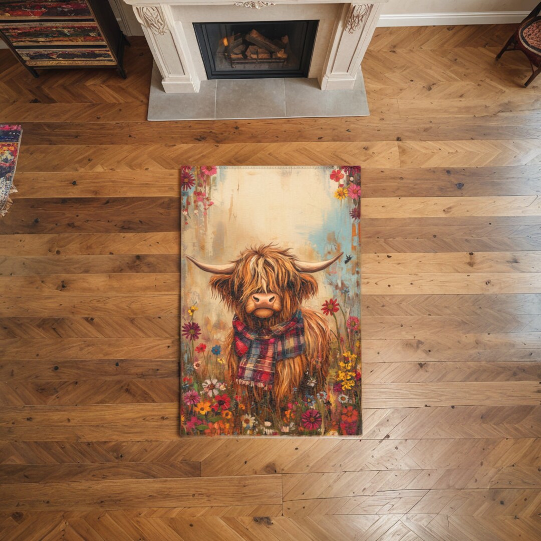 Highland Cow Rug Colorful Cow Area Rug Floral Cow Rug Boho Chic Rug ...