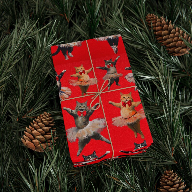 Ballet Cat Christmas Wrapping Paper: Festive Red Background, Tutu ...