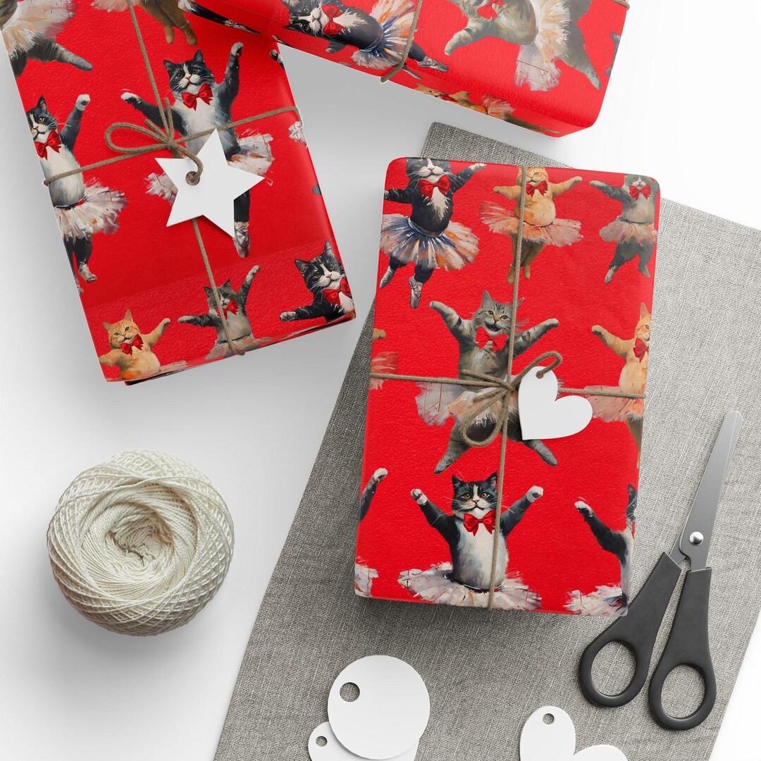 Ballet Cat Christmas Wrapping Paper: Festive Red Background, Tutu ...