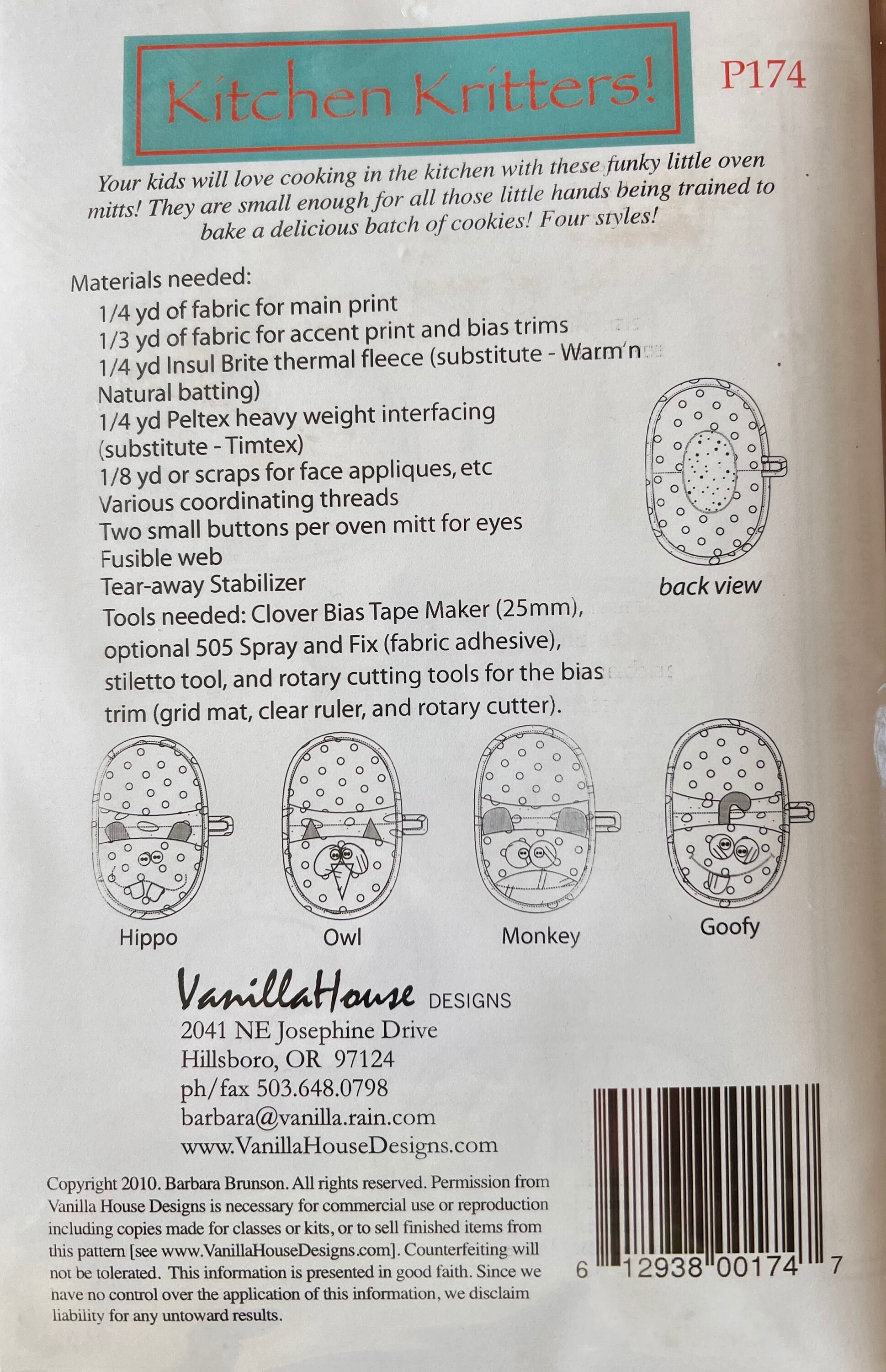 Kitchen Kritters Oven Mitts Printed Sewing Pattern by Vanilla House ...