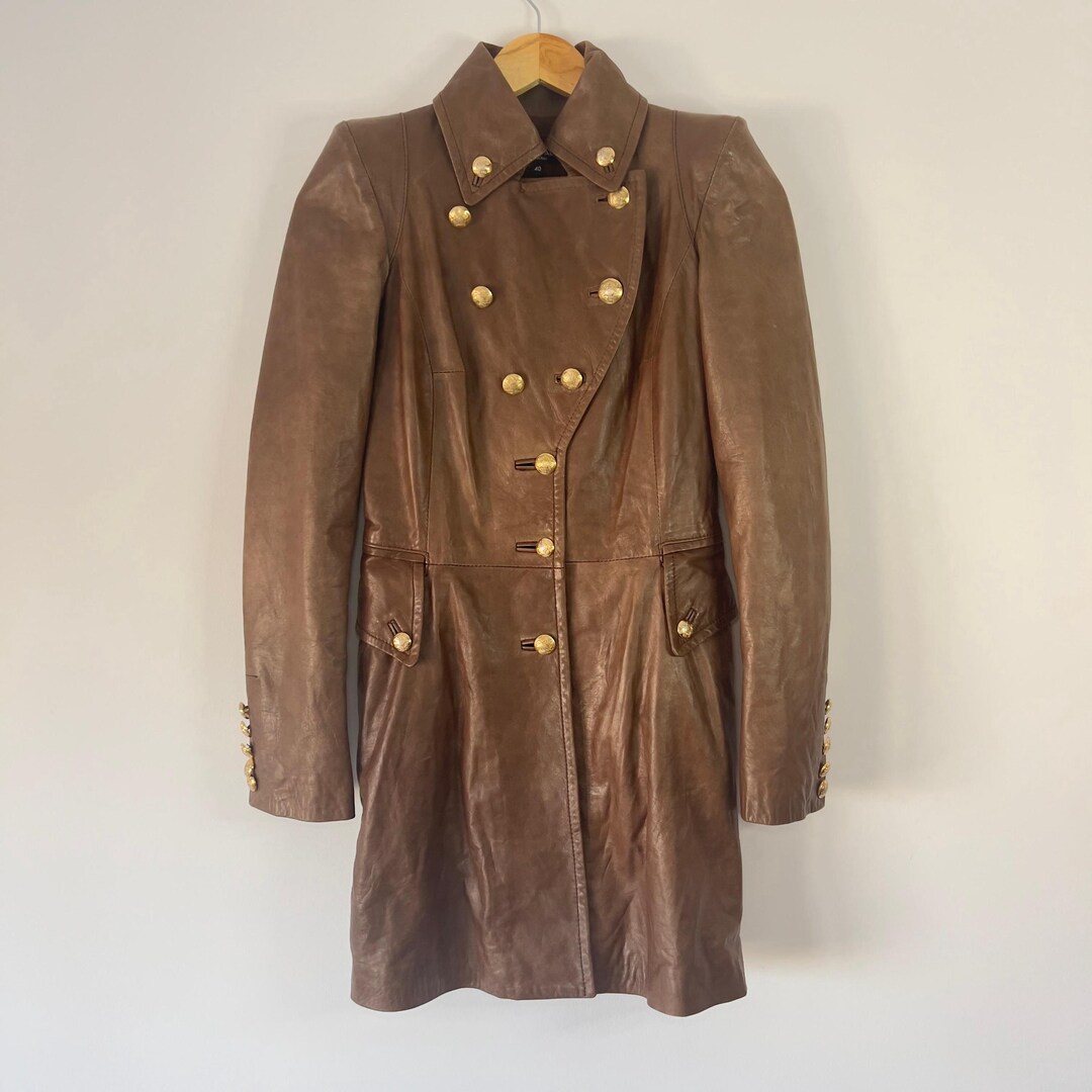 Italian Leather Vintage Coat, Double Breasted Elegant Trench, Luxury ...