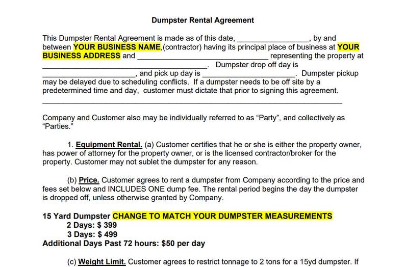 Dumpster Trailer Rental Agreement Template - Etsy