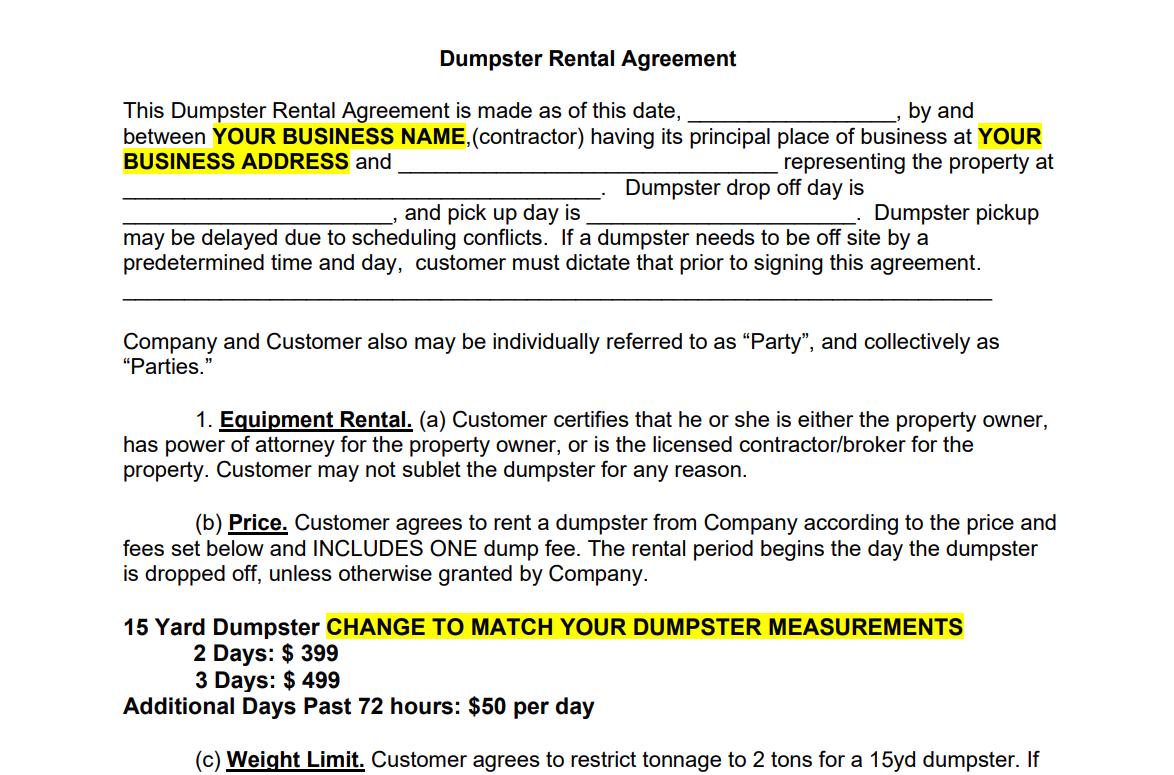 Dumpster Trailer Rental Agreement Template - Etsy