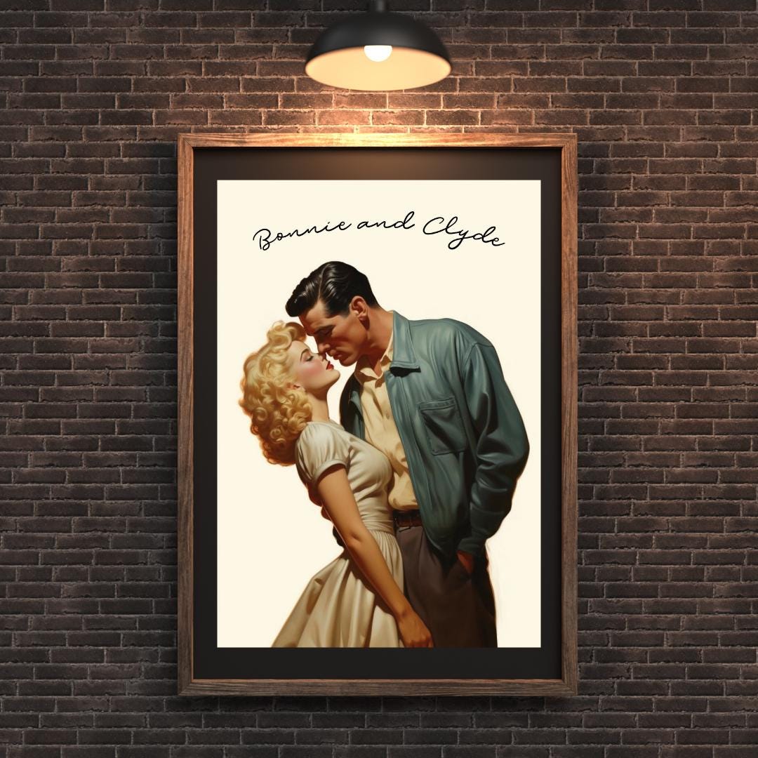 Bonnie and Clyde Wall Art, Retro Romantic Couple Print, Vintage Love ...