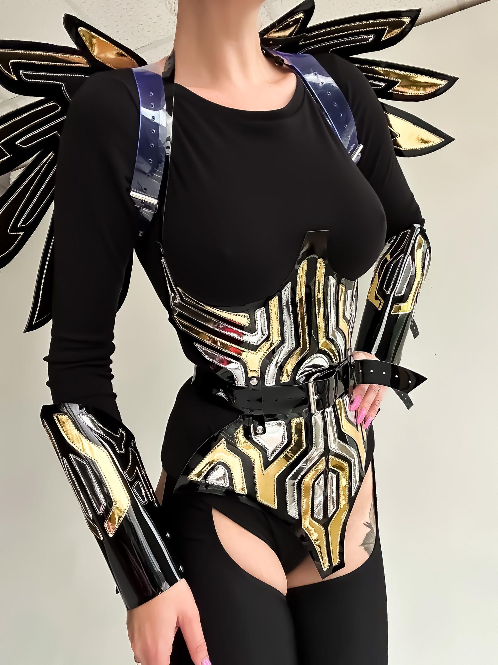 Cyber Angel Costume Set – Futuristic Bodysuit With Wings and Bracelets ...