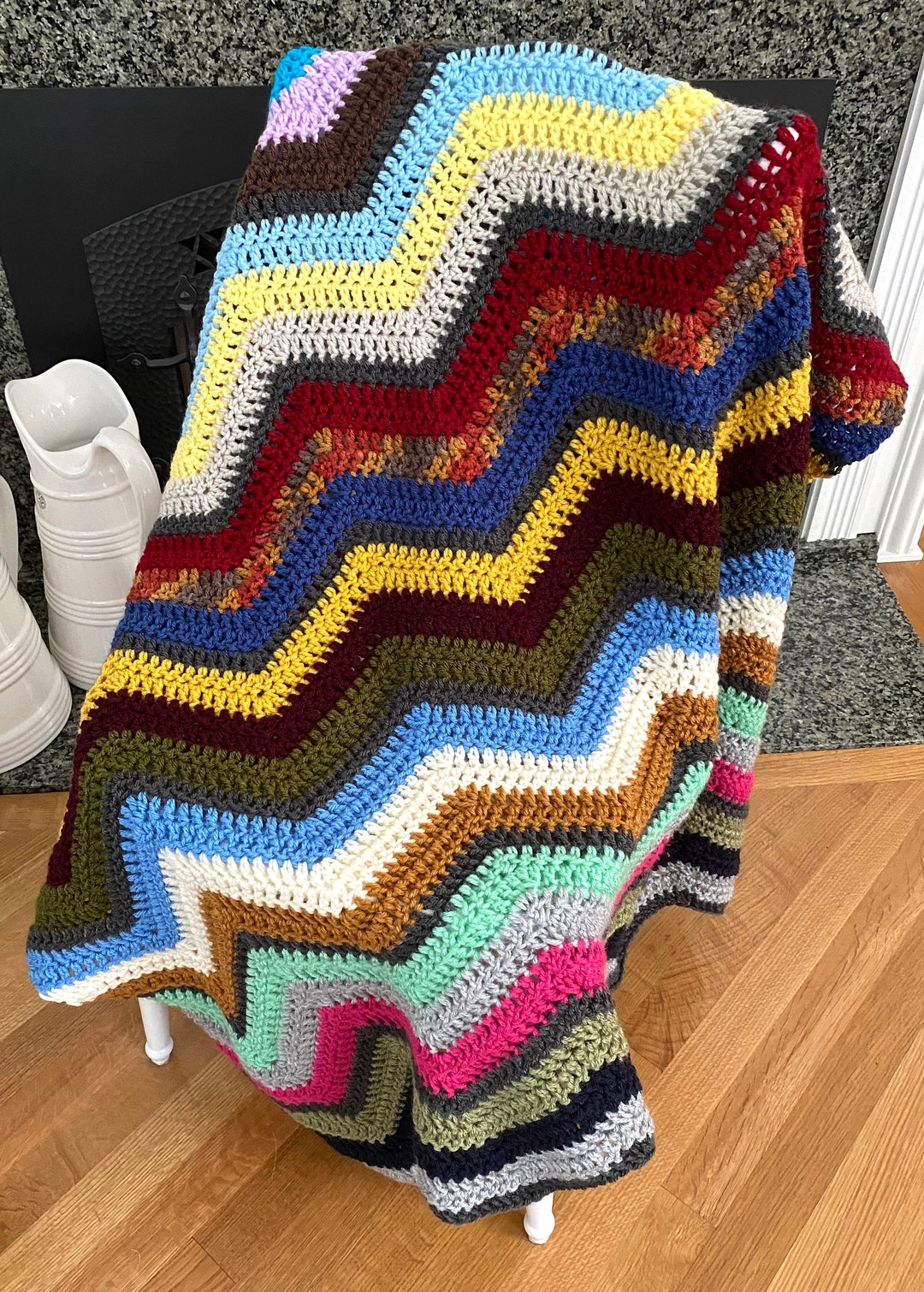 Crochet Handmade Chevron Ripple Blanket Afghan Throw Multicolor Acrylic ...