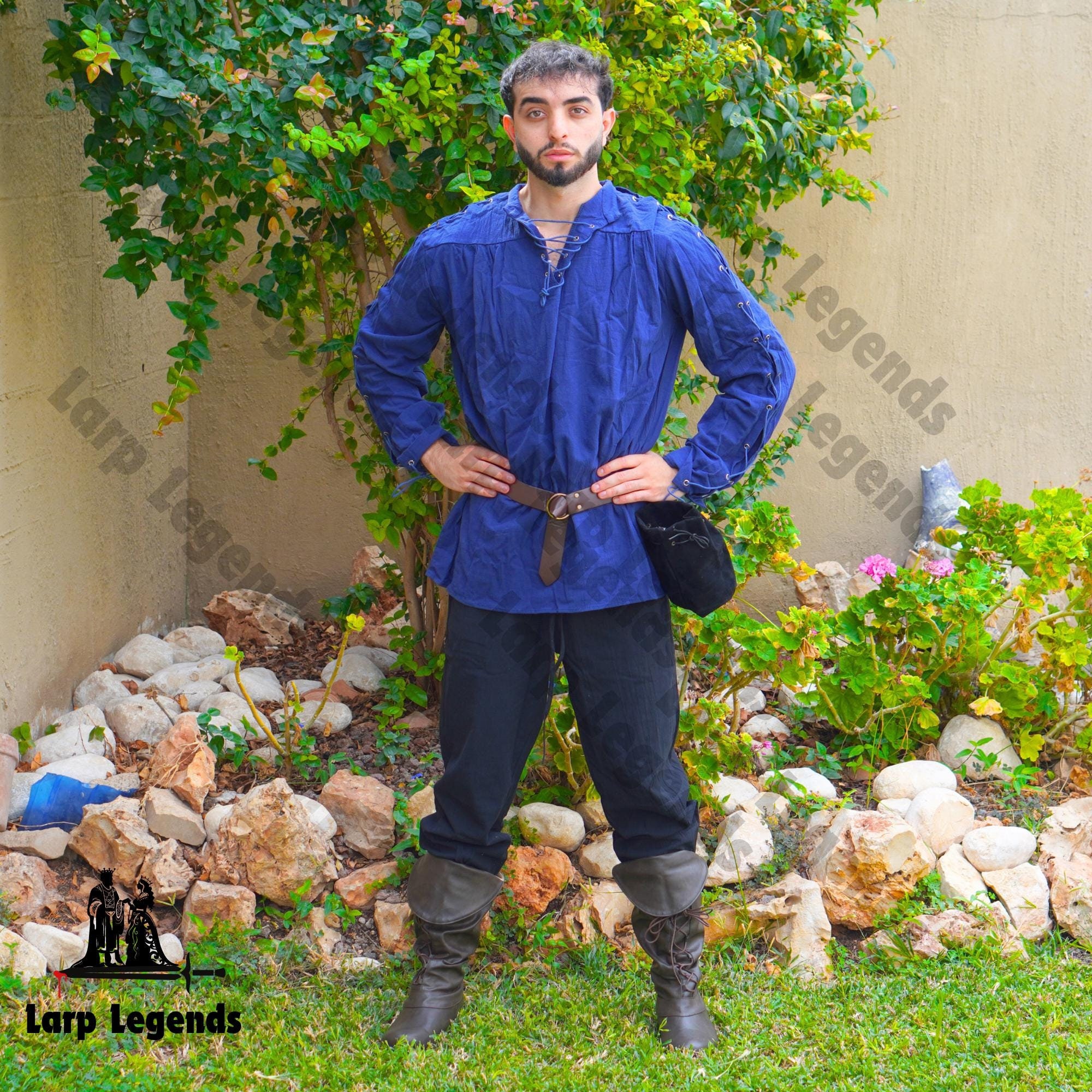 Handmade Medieval LARP Blue Shirt and Linen Black Pants Set Renaissance ...