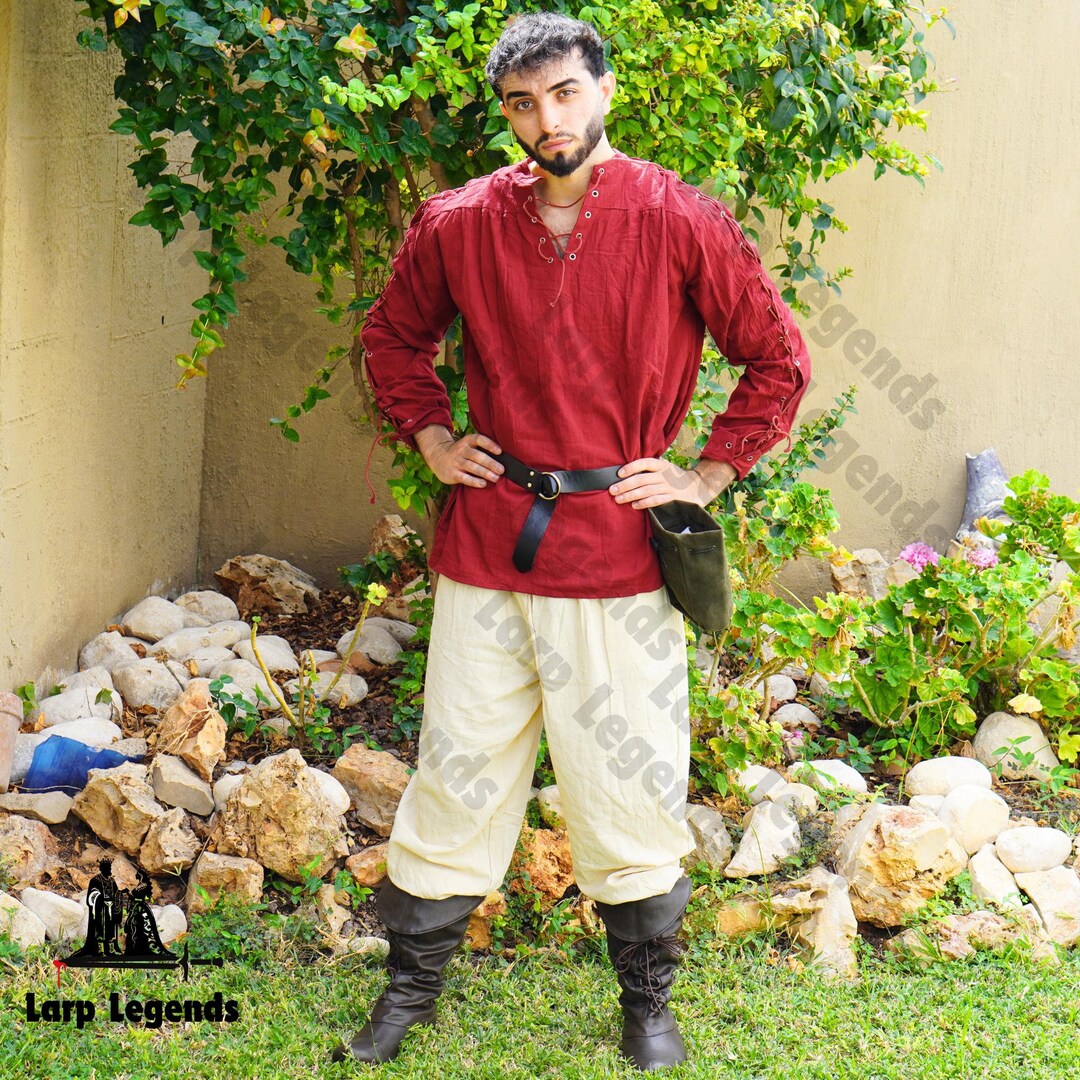 Handmade Medieval LARP Red Shirt and Linen Beige Pants Set ...