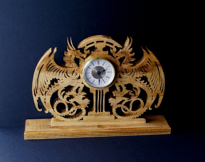 Mythical Double Dragon Wood Mantle Clock Scroll Saw - Etsy