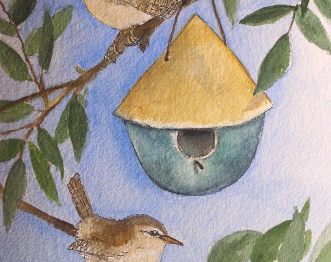 Nature Art Watercolor Woodland Bird Birdhouse Original - Etsy