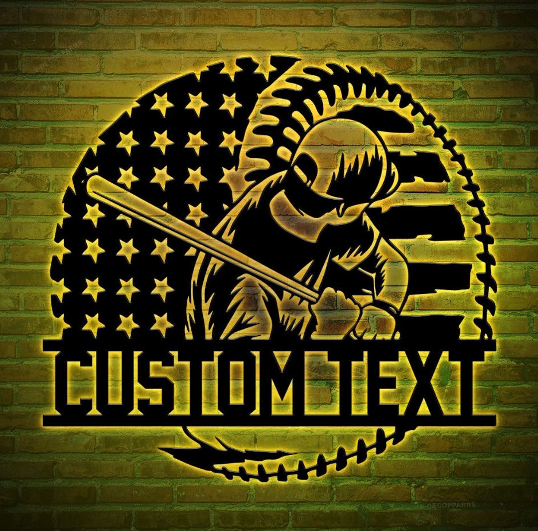 Custom Baseball US Flag Metal Wall Art LED Light, Personalized Baseball ...