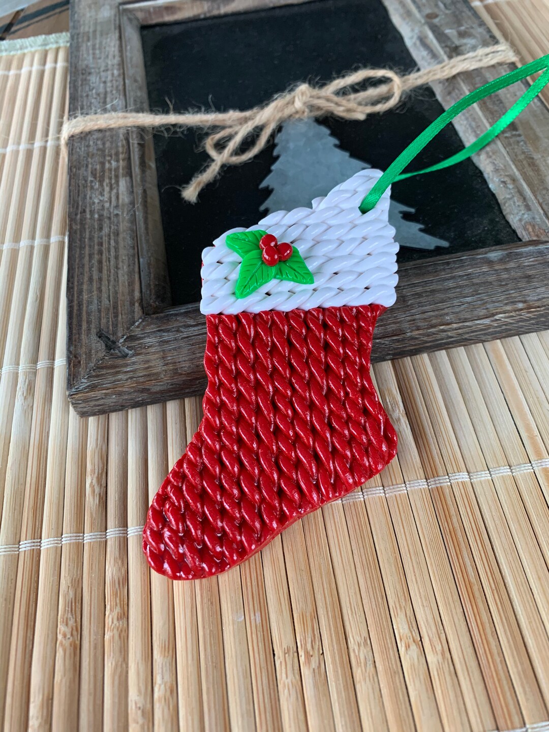 Handmade Red and White Polymer Clay Christmas Stocking Ornament ...