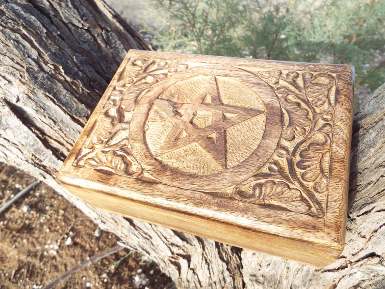Pentagram Box Handmade Flowers Wood Carved Gothic Jewelry Box Floral ...