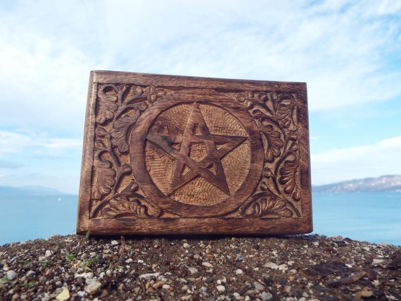 Pentagram Box Handmade Flowers Wood Carved Gothic Jewelry Box Floral ...