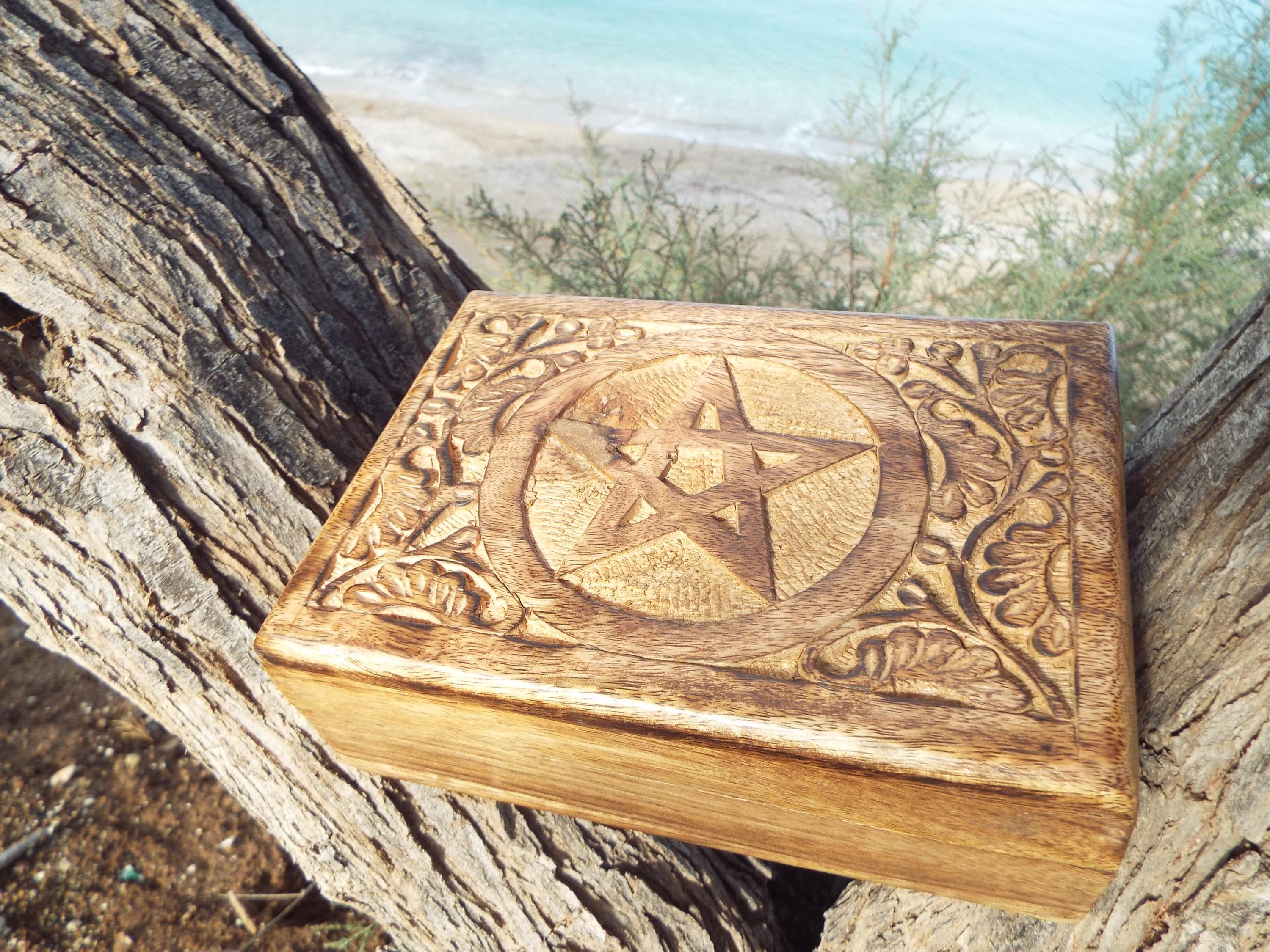 Pentagram Box Handmade Flowers Wood Carved Gothic Jewelry Box Floral ...