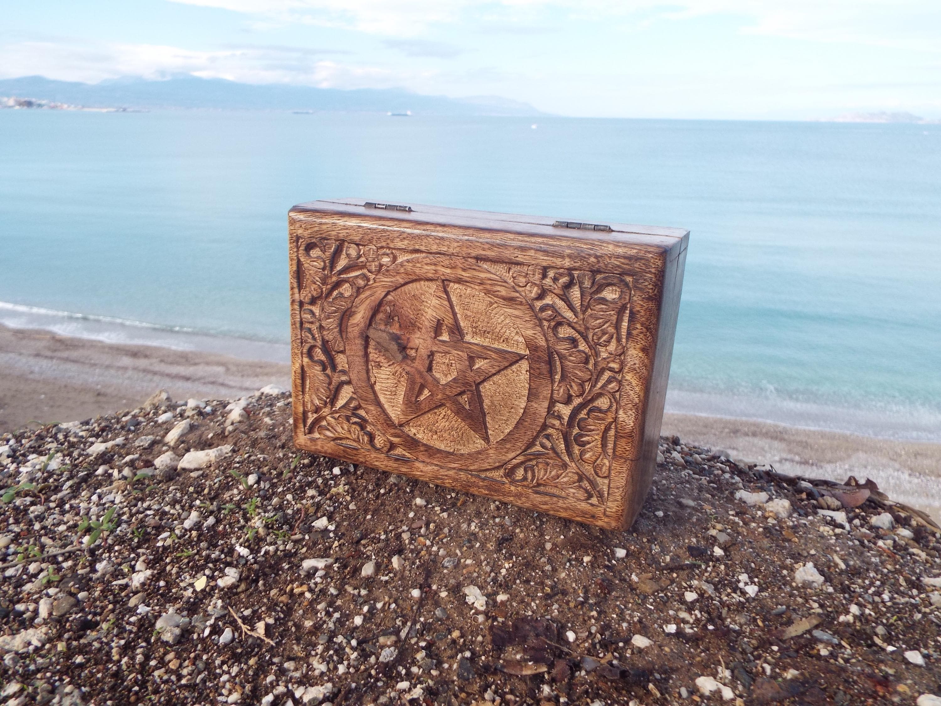 Pentagram Box Handmade Flowers Wood Carved Gothic Jewelry Box Floral ...