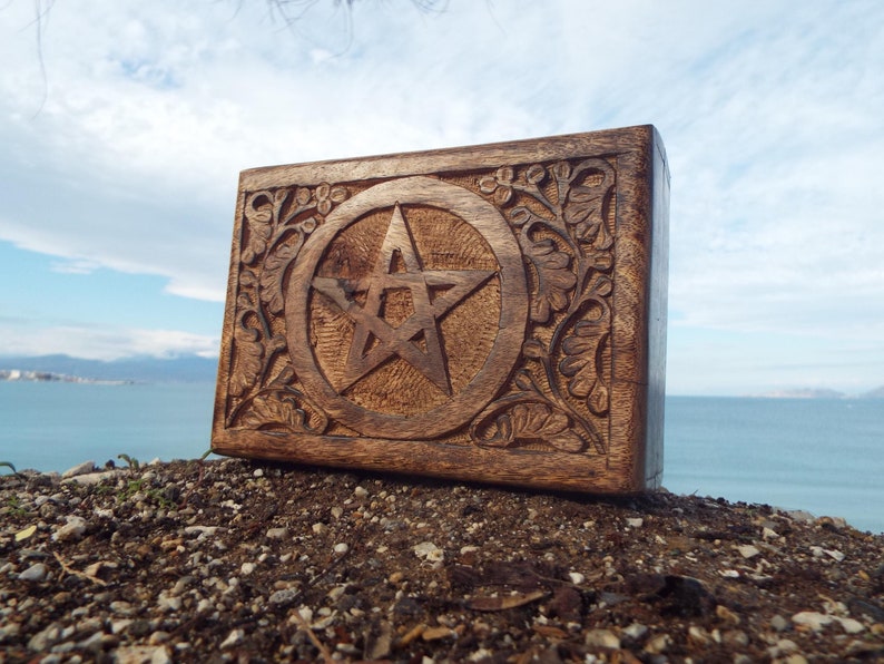Pentagram Box Handmade Flowers Wood Carved Gothic Jewelry Box Floral ...