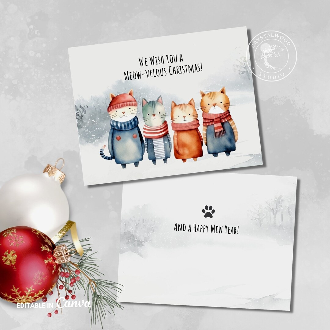 Printable Cat Meowvelous Christmas Card Template Editable - Etsy