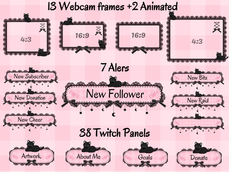 Black Cat Twitch Stream Package: Pink Plaid, Animated Kawaii Overlays - Etsy