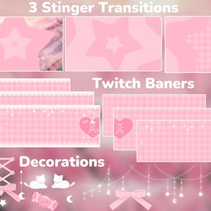 Pink Cat Stream Overlay Twitch Pack: Animated Star Moon Vtuber Package ...