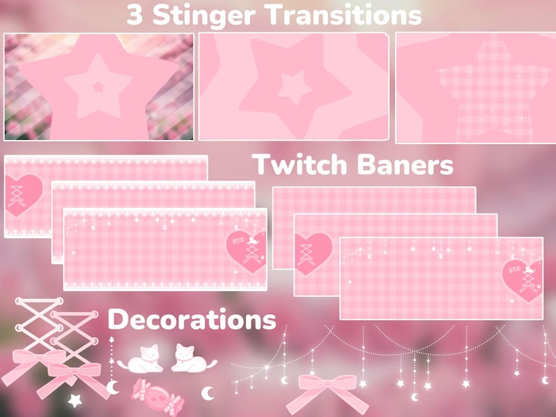 Pink Cat Stream Overlay Twitch Pack: Animated Star Moon Vtuber Package ...