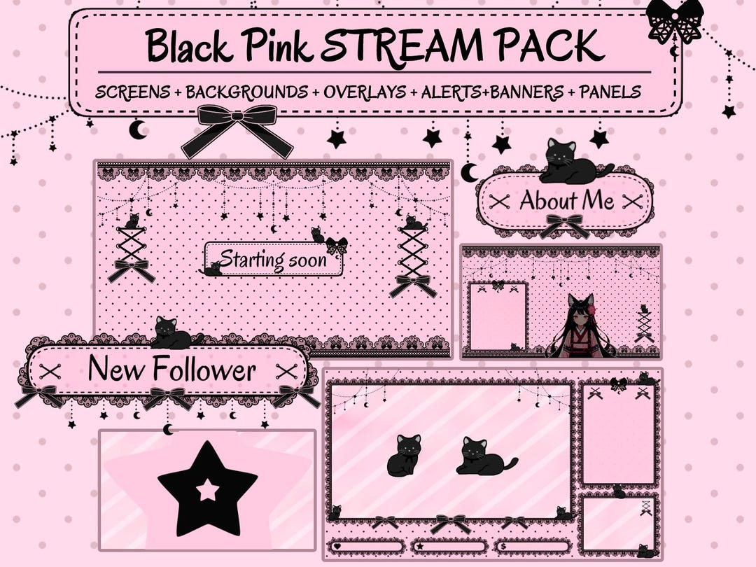 Pink Stream Package: Black Coquette Ribbon and Cats, Cute Twitch ...