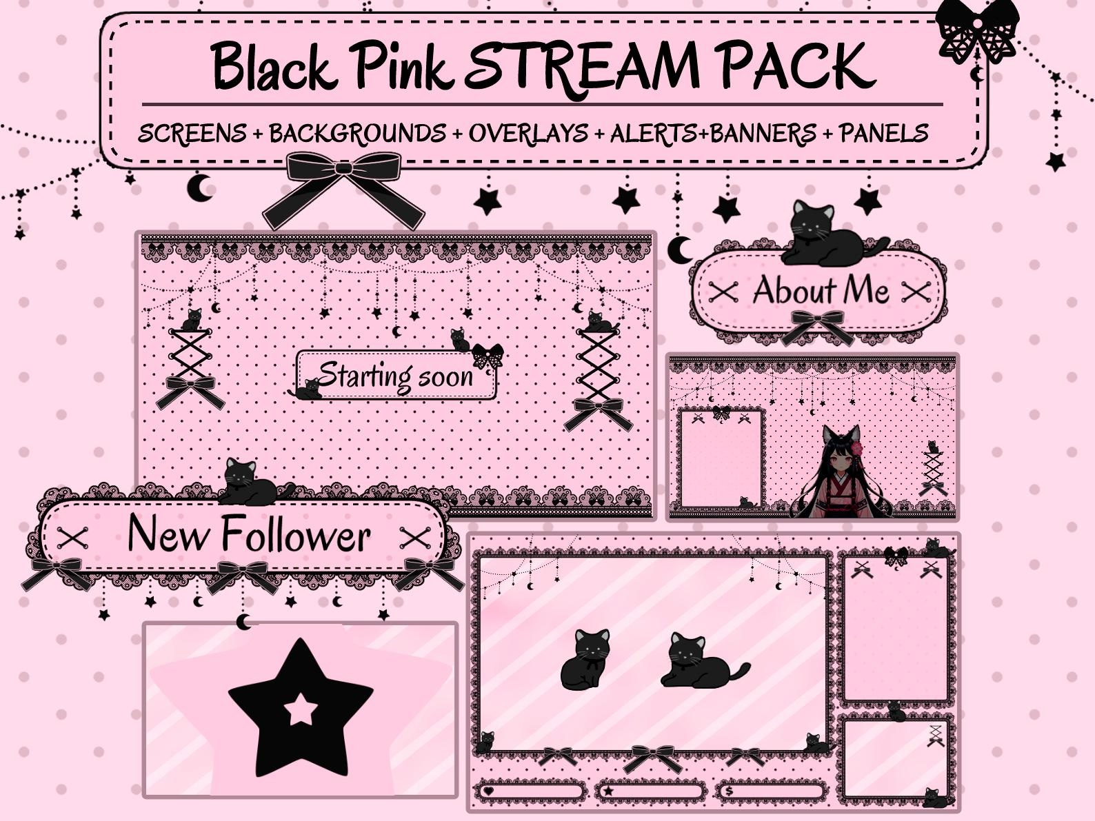 Black Pink Cat Stream Pack Vtuber Twitch, Star Celestial Stream Overlay ...