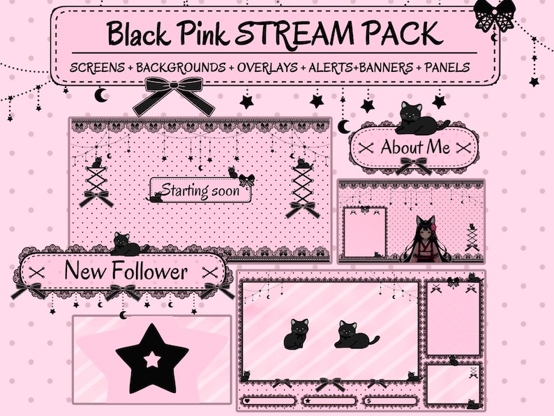 Pink Stream Package: Black Coquette Ribbon and Cats, Cute Twitch ...