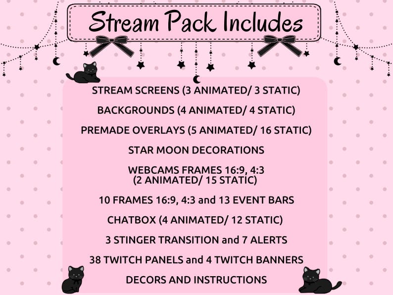 Pink Stream Package: Black Coquette Ribbon and Cats, Cute Twitch ...