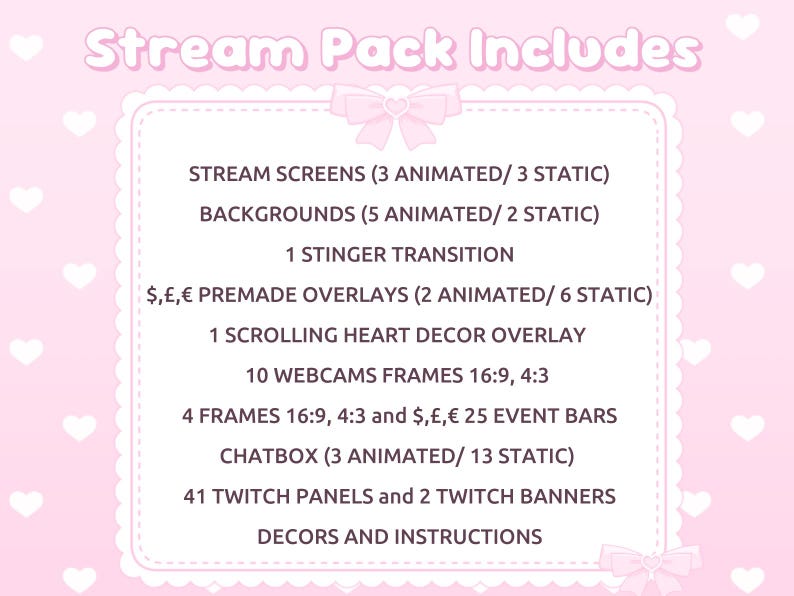Pink Stream Overlay Package: Heart and Soft Ribbon Coquette Twitch ...