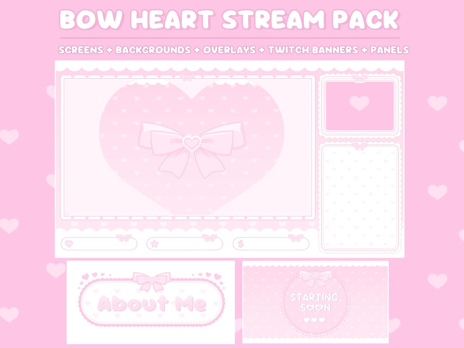 Pink Stream Overlay Package: Heart and Soft Ribbon Coquette Twitch ...
