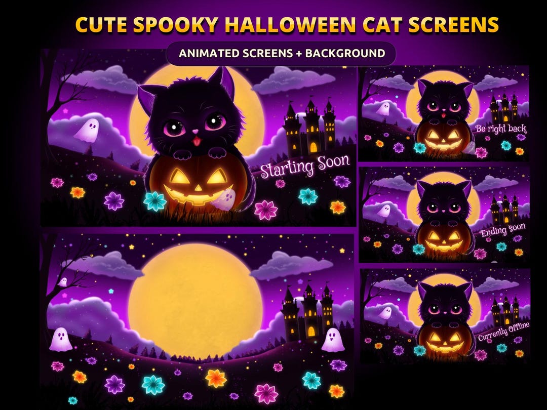 Halloween Screens Starting Soon, BRB, Ending + Cute Spooky Animated ...