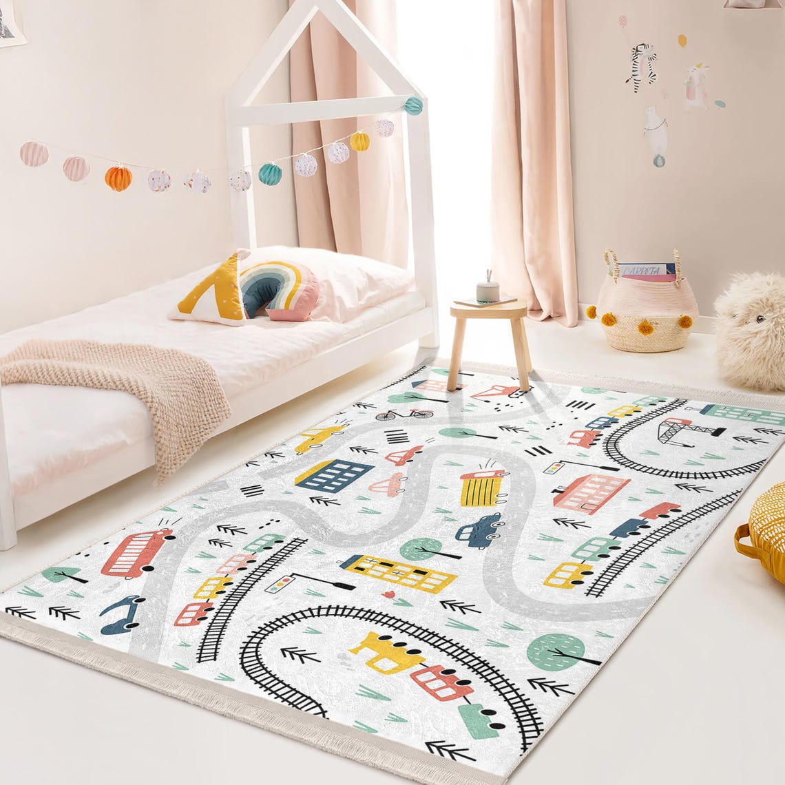 Carte routière pour chambre d'enfant, tapis voitures, voie ferrée ...