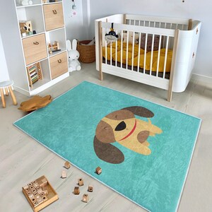Cute Puppy Design Rug - Turquoise Cartoon Dog Mat - Colorful Kids Room ...