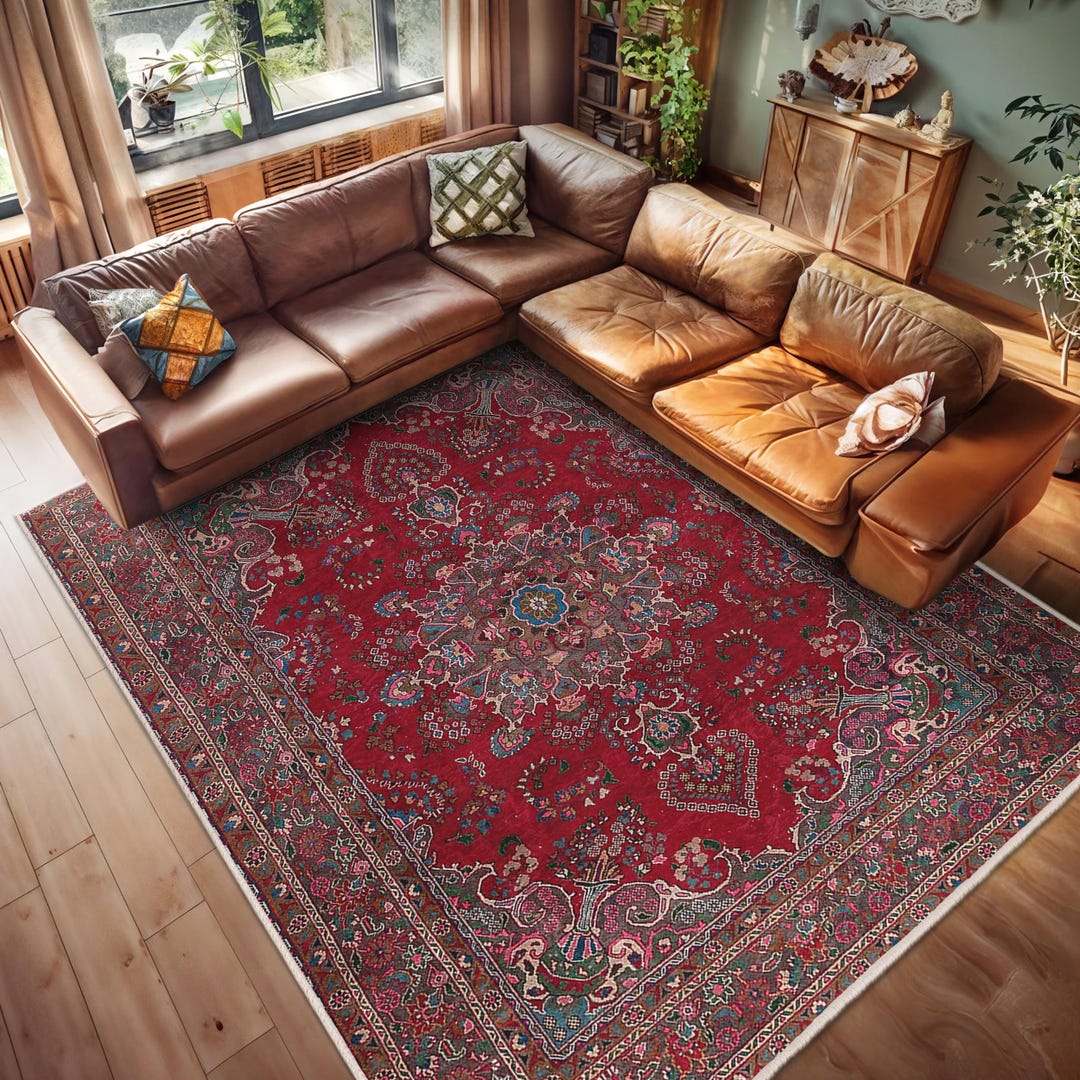 Red Persian Medallion Area Rug -vintage Floral Accent Carpet-intricate ...