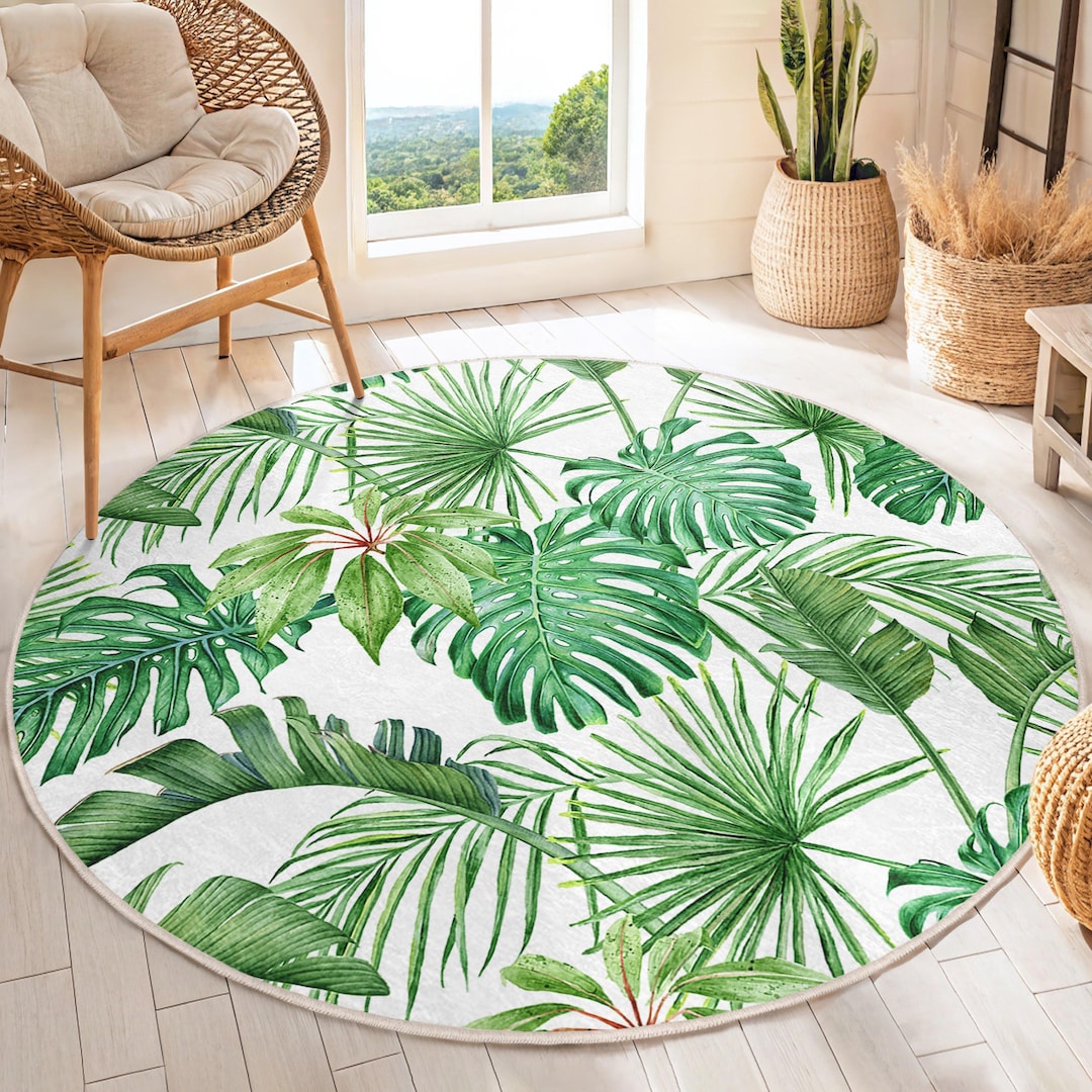 Tropical Leaf Design Round Rug - Palm Leaves Green Pattern Circle ...