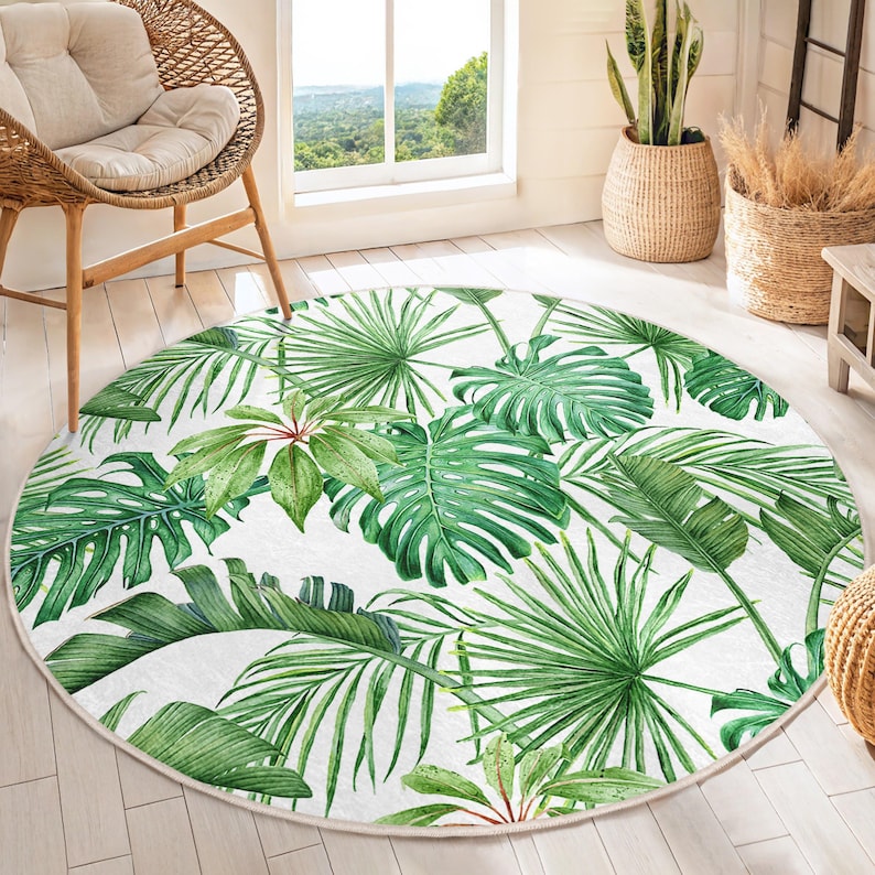 Tropical Leaf Design Round Rug - Palm Leaves Green Pattern Circle ...