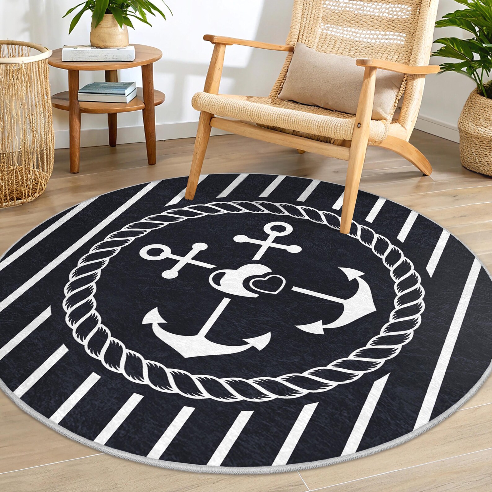 Nautical Anchor Design Round Rug - Navy Striped Nautical Pattern Circle ...
