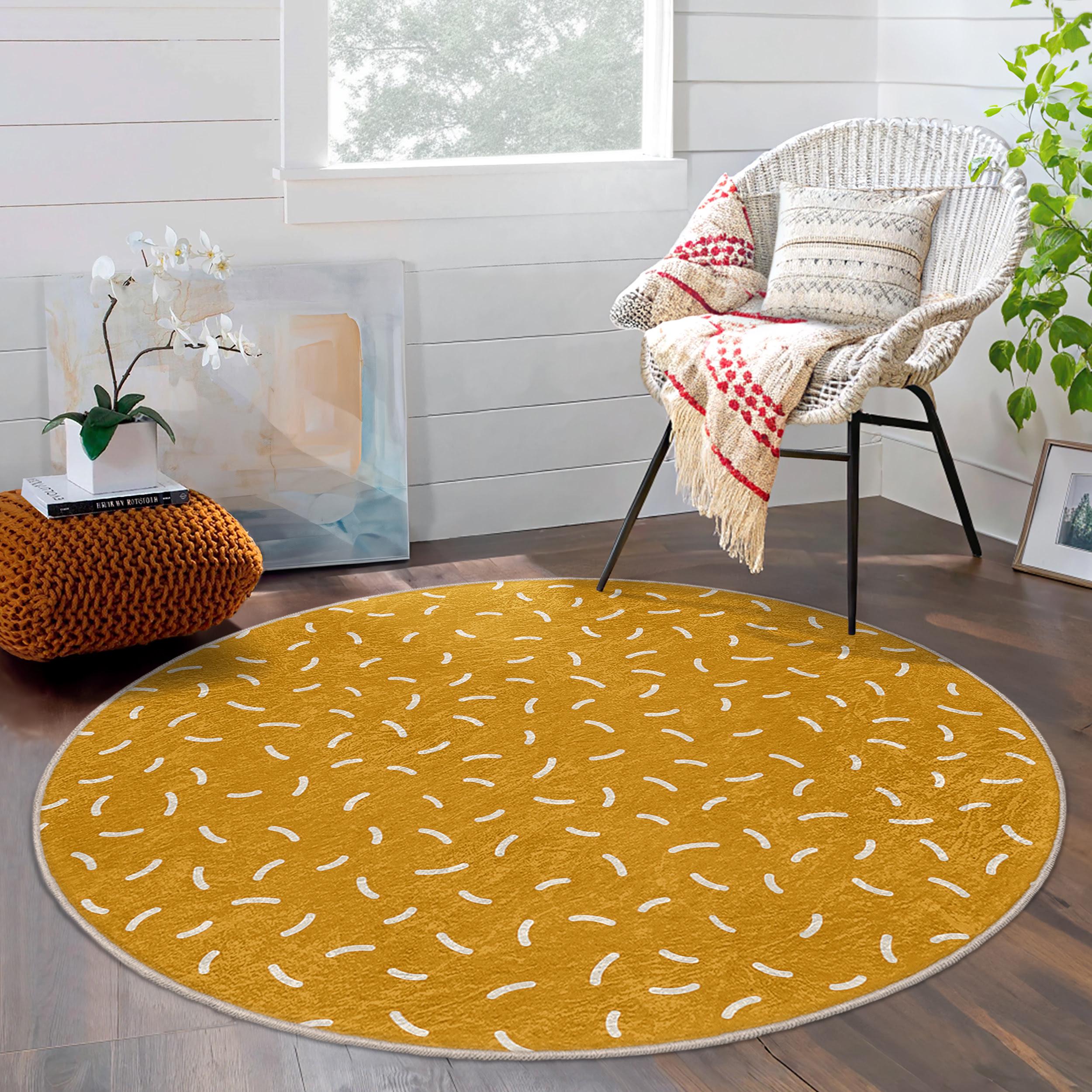 Mustard Sprinkle Pattern Round Rug - Dotted White Lines Area Carpet ...