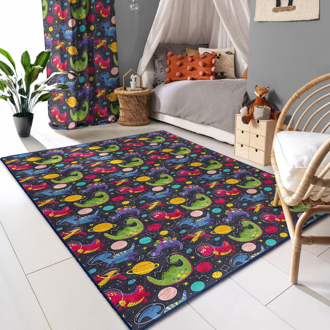 Space & Dinosaurs Galaxy Kids Room Rug -cosmic Planets Stars Navy Area ...