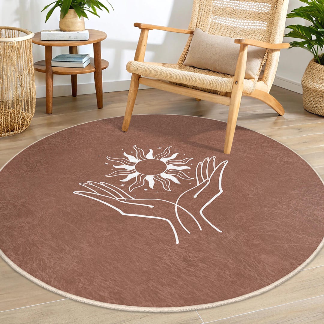 Hand Drawn Sun Hand Design Round Rug - Brown Sunlight Emblem Floor ...