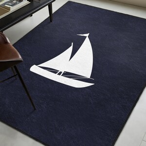 Nautical Sailboat Accent Rug - Sail Design Dark Surface Mat - Navy ...