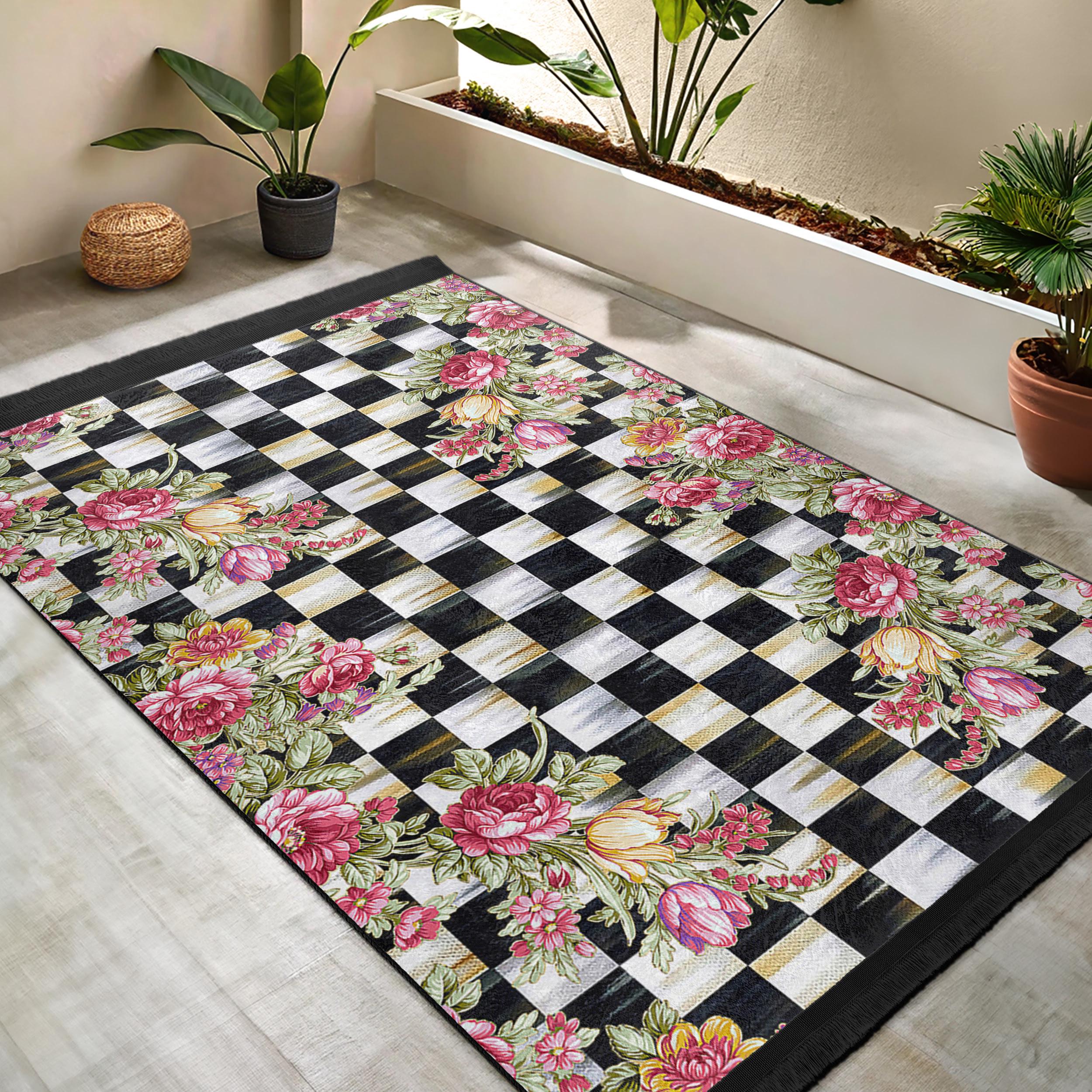 Checkered Floral Accent Rug - Black White Checkered Runner - Carpet ...