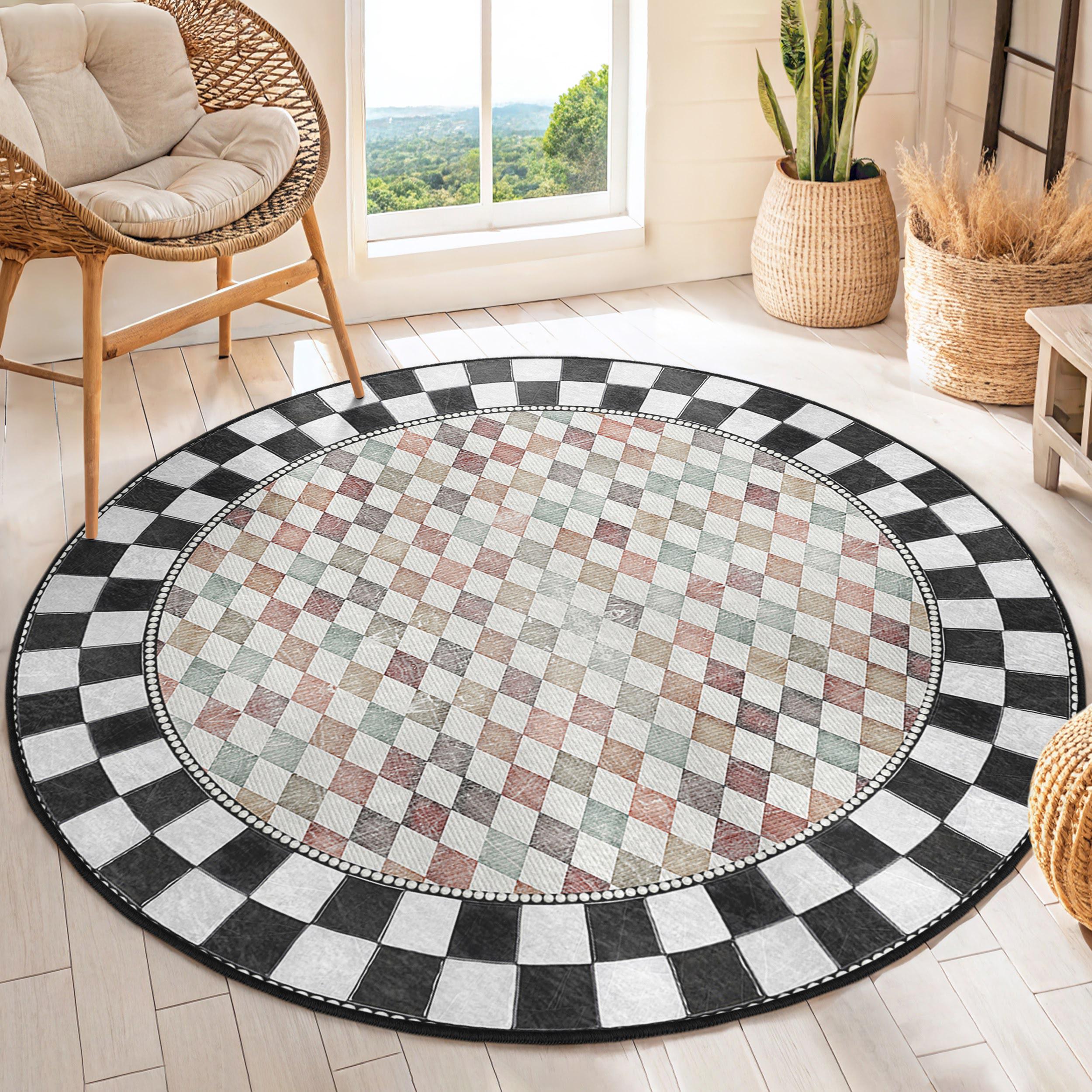 Checkerboard Diamonds Round Rug - Black White Border Circle Carpet ...