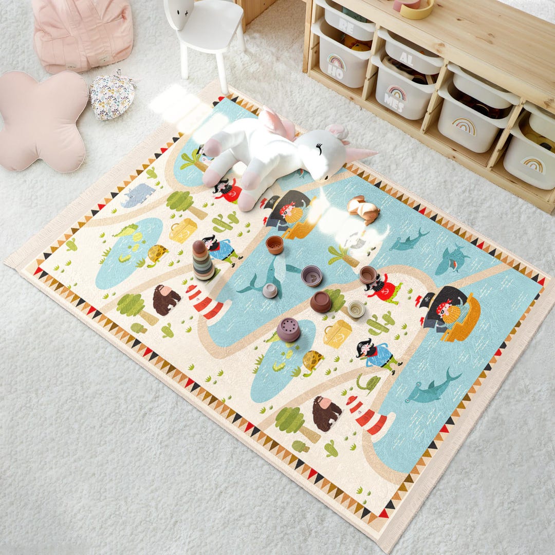 Pirate Adventure Play Rug - Zigzag Path Pattern Mat - Blue Kid Area Rug ...